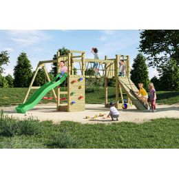 Spielturm Fungoo "Maxi Funny Exposure", grün (grün, holzfarben), Spieltürme, KinderB:525cm H:210cm T:398cm, FSC-zertifizierter Massivholz, Metall, Polyethylen, Schaukel, Rutsche mit Wasseranschluss, Sandkasten, Brückenverbindung, B:525cm H:210cm T:398cm