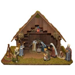 Krippe ALFRED KOLBE "Krippenstall mit Trafo" Weihnachtskrippen braun mit Laterne Lagerfeuer Hackstock 11 cm Figuren 11tlg.