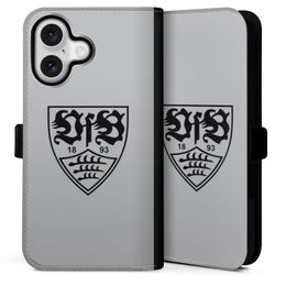DeinDesign iPhone 16 Handy Klapph&uuml;lle Handyh&uuml;lle aus Kunst Leder schwarz Flip Case Logo Official Licensed Product Vfb Stuttgart Sideflip mit Lasche