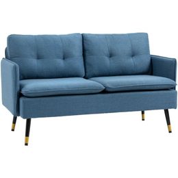 HOMCOM - 2 Sitzer Sofa, Couch mit Dickem Kissen, Leinenoptik, Polstersofa mit Stahlbeine, Modernes Doppelsofa für Wohnzimmer, Schlafzimmer, Dunkelblau