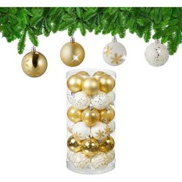 Weihnachtskugeln 30er Set, Kunststoff, d: 6 cm, runde Weihnachtsbaumdeko, Baumschmuck bruchsicher, gold/weiß - Relaxdays