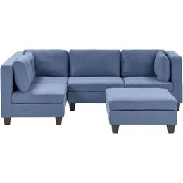 Beliani 4-Sitzer Ecksofa Rechtsseitig Blau Stoffbezug mit Ottomane Kissen Schwarze Beine Modular Modern Modulsofa Wohnlandschaft Wohnzimmer