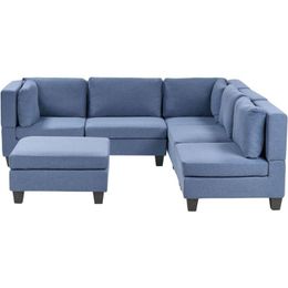 Beliani 5-Sitzer Ecksofa Linksseitig Blau Stoffbezug mit Ottomane Kissen Schwarze Beine Modular Modern Modulsofa Wohnlandschaft Wohnzimmer