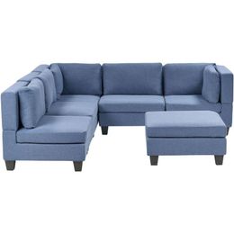 Beliani 5-Sitzer Ecksofa Rechtsseitig Blau Stoffbezug mit Ottomane Kissen Schwarze Beine Modular Modern Modulsofa Wohnlandschaft Wohnzimmer