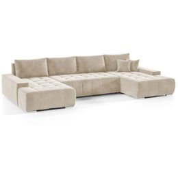 Fun Moebel - Wohnlandschaft Sofa mit Schlaffunktion vogar Stoff Monolith Ecru