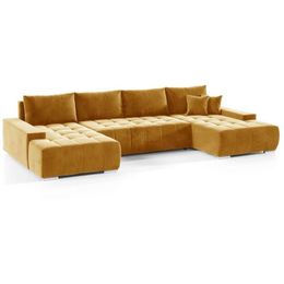 Fun Moebel - Wohnlandschaft Sofa mit Schlaffunktion vogar Stoff Monolith Honiggelb