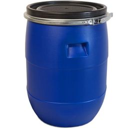 Plasteo - 60 Liter Weithalsfass blau mit Deckel und Spannring, Lebensmittelecht BPA-Frei, Futtertonne Kunststofffass Universalfass Deckelfass