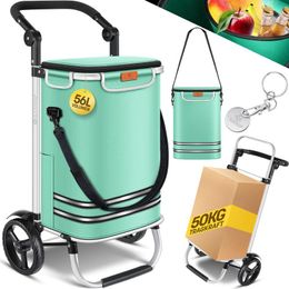 Einkaufstrolley klappbar mit 56L Kapazität und belastbar bis 50kg 3in1 Trolley Sackkarre & Umhängetasche Faltbarer Einkaufswagen Mint Grün - Kesser