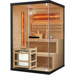 Artsauna - Saunakabine Vantaa 120 mit Salzstein - Indoor Sauna 2 Personen - 3,5kW Ofen, Glasfront, led Licht, Thermometer & Sanduhr - Komplett Set