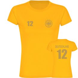 multifanshop Damen T-Shirt - Deutschland - Adler Retro Trikot 12 Gold - Druck gold metallic - Frauen