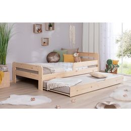 Ticaa Einzelbett Kinderbett Jugendbett, Bennet mit Zusatzbett Rausfallschutz & Lattenrost für Schlafzimmer, Kinderzimmer Kiefer Massivholz Bettgestell 90 x 200 cm