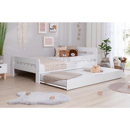 Ticaa Einzelbett Kinderbett Jugendbett, Bennet mit Zusatzbett Rausfallschutz & Lattenrost für Schlafzimmer, Kinderzimmer Kiefer Massivholz Bettgestell 90 x 200 cm