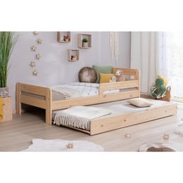 Ticaa Einzelbett Kinderbett Jugendbett, Bennet mit Zusatzbett Rausfallschutz & Lattenrost für Schlafzimmer, Kinderzimmer Kiefer Massivholz Bettgestell 90 x 200 cm