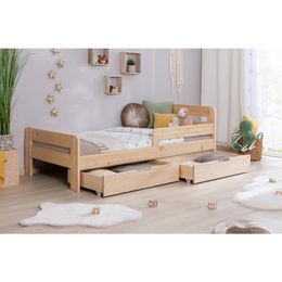 Ticaa Einzelbett Kinderbett Jugendbett, Bennet mit Schubkasten Rausfallschutz & Lattenrost für Schlafzimmer, Kinderzimmer Kiefer Massivholz Bettgestell 90 x 200 cm