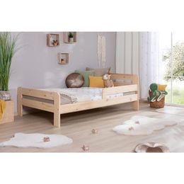 Ticaa Einzelbett Kinderbett Jugendbett, Bennet mit Rausfallschutz & Lattenrost für Schlafzimmer, Kinderzimmer Kiefer Massivholz Bettgestell 90 x 200 cm