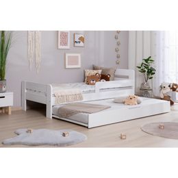 Ticaa Einzelbett Kinderbett Jugendbett, Bennet mit Zusatzbett Rausfallschutz & Lattenrost für Schlafzimmer, Kinderzimmer Kiefer Massivholz Bettgestell 90 x 200 cm