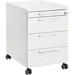 Rollcontainer 1333, 3 Schübe & 1 Utensilienauszug, abschließbar, eckige Griffe, Holz/Stahl/Kunststoff, B 434 x T 800 x H 613 mm, weiß