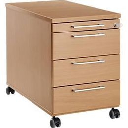 Rollcontainer 1333, 3 Schübe & 1 Utensilienauszug, abschließbar, eckige Griffe, Holz/Stahl/Kunststoff, B 434 x T 800 x H 613 mm, Buche-Dekor