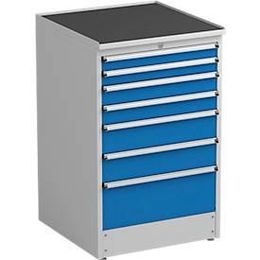 Schubladenschrank treston, 7 Schubladen, abschließbar, B 715 x T 715 x H 1100 mm, Stahl, lichtgrau RAL 7035/blau RAL 5007