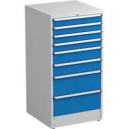 Schubladenschrank treston, 8 Schubladen, abschließbar, B 715 x T 715 x H 1400 mm, Stahl, lichtgrau RAL 7035/blau RAL 5007