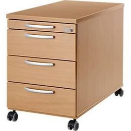 Rollcontainer 1333, 3 Schübe & 1 Utensilienauszug, abschließbar, runde Griffe, Holz/Stahl/Kunststoff, B 434 x T 800 x H 613 mm, Buche-Dekor
