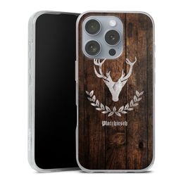 DeinDesign iPhone 16 Pro Handy Silikon H&uuml;lle Case transparent Handyh&uuml;lle Wooden Look Deer Wood Silikon Case