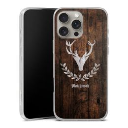 DeinDesign iPhone 16 Pro Max Handy Silikon H&uuml;lle Case transparent Handyh&uuml;lle Wooden Look Deer Wood Silikon Case