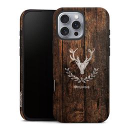DeinDesign iPhone 16 Pro Max Handy Panzer Handyh&uuml;lle robuste Outdoor H&uuml;lle Schutzh&uuml;lle gl&auml;nzend Wooden Look Deer Wood Tough Case