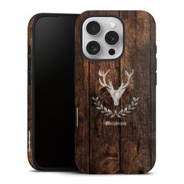 DeinDesign iPhone 16 Pro Handy Panzer Handyh&uuml;lle robuste Outdoor H&uuml;lle Schutzh&uuml;lle matt Wooden Look Deer Wood Tough Case