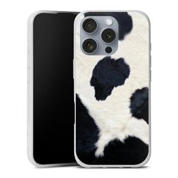 DeinDesign iPhone 16 Pro Handy Silikon H&uuml;lle Case wei&szlig; Handyh&uuml;lle Animal Look Animal Print Cow Skin Silikon Case
