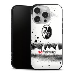 DeinDesign iPhone 16 Pro Handy Slim Case extra d&uuml;nn Silikon Handyh&uuml;lle schwarz H&uuml;lle Skyline Sc Freiburg Logo Silikon Slim Case