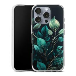 DeinDesign iPhone 16 Pro Handy Silikon H&uuml;lle Case wei&szlig; Handyh&uuml;lle Eukalyptus Leaves Black Silikon Case