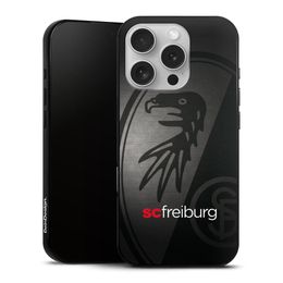 DeinDesign iPhone 16 Pro Handy Slim Case extra d&uuml;nn Silikon Handyh&uuml;lle schwarz H&uuml;lle Official Licensed Product Sc Freiburg Metallic Look Silikon Slim Case