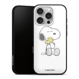 DeinDesign iPhone 16 Pro Handy Premium Silikon H&uuml;lle Handyh&uuml;lle schwarz Case Snoopy Love Peanuts Silikon Premium Case
