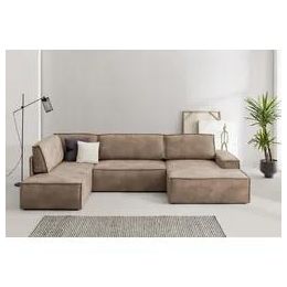 Wohnlandschaft Home Affaire "SHERWOOD XXL 329 cm, U-Form, Schlafsofa" Sofas Gr. B/H/T: 329cm x 85cm x 195cm, Vintage, Recamiere rechts, braun (cognac) Schlaffunktion m. Bettkasten (194x139 cm), Cord, Vintage, Samtvelours