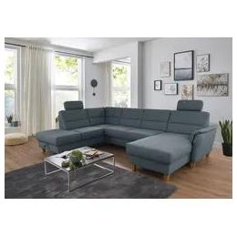 Wohnlandschaft Home Affaire "Palmera U-Form" Sofas Gr. B/H/T: 308 cm x 89 cm x 212 cm, Struktur weich, Ottomane links, ohne Bettfunktion-ohne Bettkasten, blau (blaugrau) Federkern, wahlweise mit Bettfunktion und mitohne Stauraum