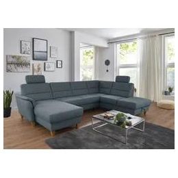 Wohnlandschaft Home Affaire "Palmera U-Form" Sofas Gr. B/H/T: 308 cm x 89 cm x 212 cm, Struktur weich, Ottomane rechts, ohne Bettfunktion-ohne Bettkasten, blau (blaugrau) Federkern, wahlweise mit Bettfunktion und mitohne Stauraum