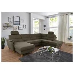 Wohnlandschaft Home Affaire "Palmera U-Form" Sofas Gr. B/H/T: 308 cm x 89 cm x 212 cm, Struktur weich, Ottomane rechts, ohne Bettfunktion-ohne Bettkasten, grün (oliv) Federkern, wahlweise mit Bettfunktion und mitohne Stauraum