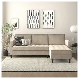 Ecksofa DOREL HOME "Presley, L-Form" Sofas Gr. B/H/T: 213cm x 83cm x 154cm, Samtvelours-Samtvelours, Recamiere beidseitig montierbar, grau (taupe) Ecksofa mit Bett-Funktion und Stauraum, verstellbare Rückenlehne