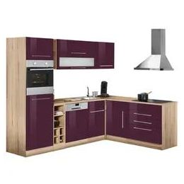 Winkelküche KOCHSTATION "KS-Eton", lila (küche: aubergine hochglanz, eichefarben), B:260cm T:190cm, Komplettküchen-Sets, mit E-Geräten, Stellbreite 260 x 190 cm