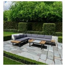 Gartenlounge-Set Garden Pleasure "Lounge-Gruppe »MERIDA«", braun (braun, grau, schwarz), Aluminium, FSC-zertifizierter Holzwerkstoff, Sitzmöbel-Sets, 1 Ecklounge, Tisch LxB: 110x65 cm