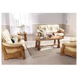 Polstergarnitur Max Winzer "Texas Set besehend aus 2er- und 3er-Sofa, bequeme legere Polsterung" Sitzmöbel-Sets Gr. H/T: 95cm x 98cm, Kunstleder SOFTLUX, beige mit dekorativem Eichenholzgestell, Retro Klassiker