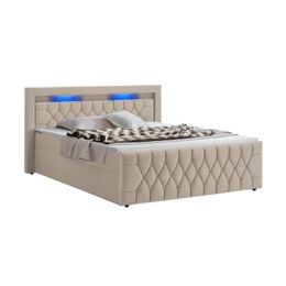 Juskys Boxspringbett Leona Samt 140x200 cm in Beige &ndash; mit LEDs, Topper & H4-Federkern-Matratzen