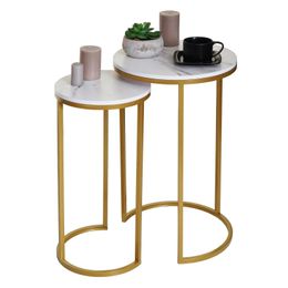 2er-Set Beistelltisch MCW-K46, Kaffeetisch Nachttisch Loungetisch, Marmor-Optik MDF ~ wei&szlig;-gold