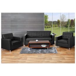 MCW 3-1-1 Sofagarnitur Pori, Couch Loungesofa Kunstleder, Metall-F&uuml;&szlig;e ~ schwarz