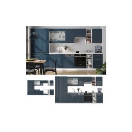 VICCO K&uuml;chenzeile Fame-Line Wei&szlig; Dunkelblau Hochglanz 355 cm mit Arbeitsplatte Anthrazit