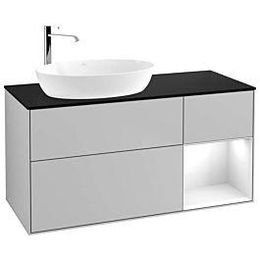 Villeroy & Boch Villeroy und Boch Finion Waschtischunterschrank F932GFGJ 120cm, Abdeckplatte black matt, Regale Glossy white lacquer, Light grey matt