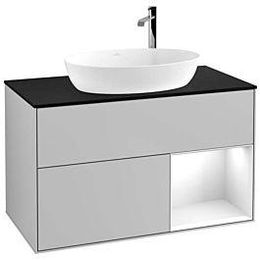 Villeroy & Boch Villeroy und Boch Finion Waschtischunterschrank G902GFGJ 100cm, Abdeckplatte black matt, Emotion, Regale Glossy white lacquer, Light grey matt