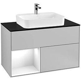 Villeroy & Boch Villeroy und Boch Finion Waschtischunterschrank F362GFGJ 100cm, Abdeckplatte black matt, Regal links Glossy white lacquer, Light grey matt