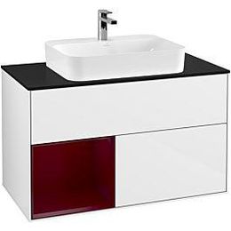 Villeroy & Boch Villeroy und Boch Finion Waschtischunterschrank F362HBGF 100cm, Abdeckplatte black matt, Regal links Peony, Glossy white lacquer